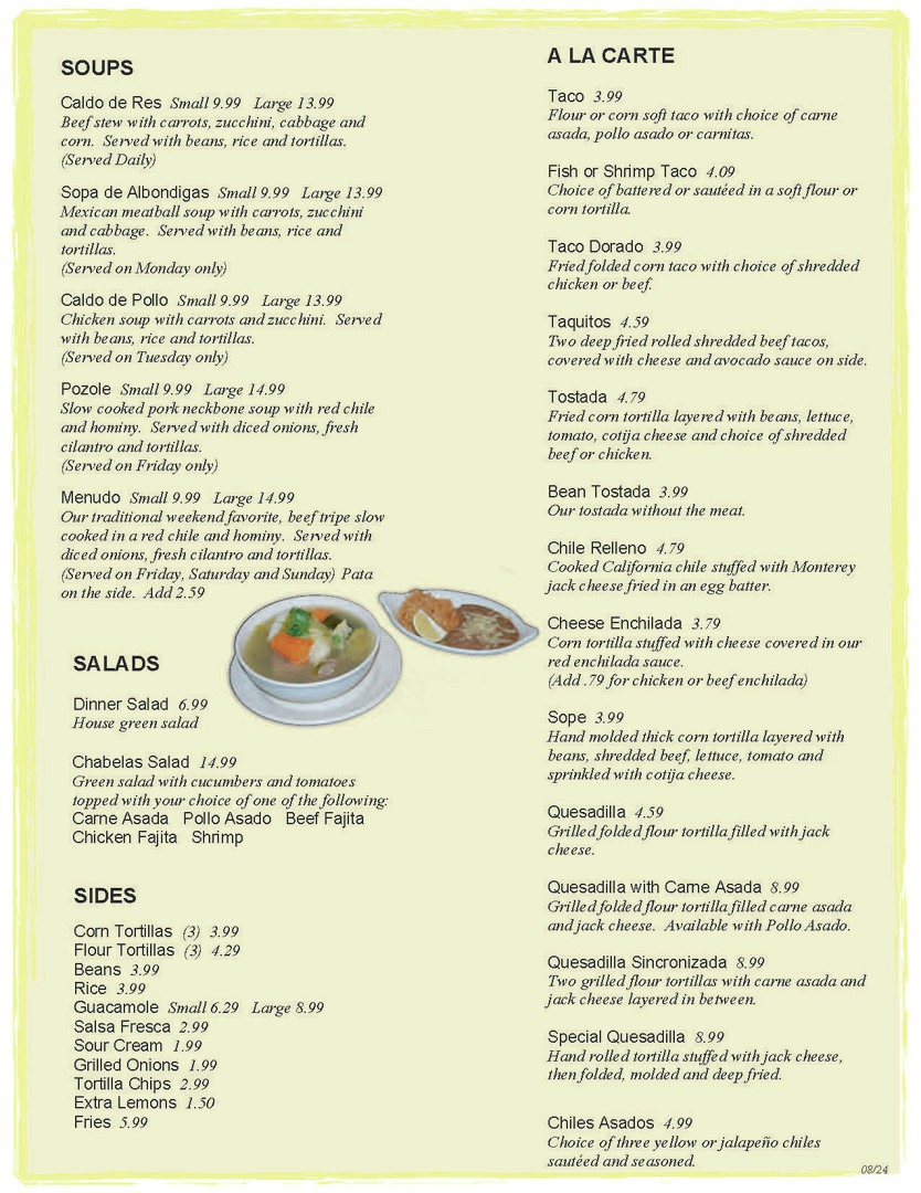 Las Chabelas Restaurant - Menu